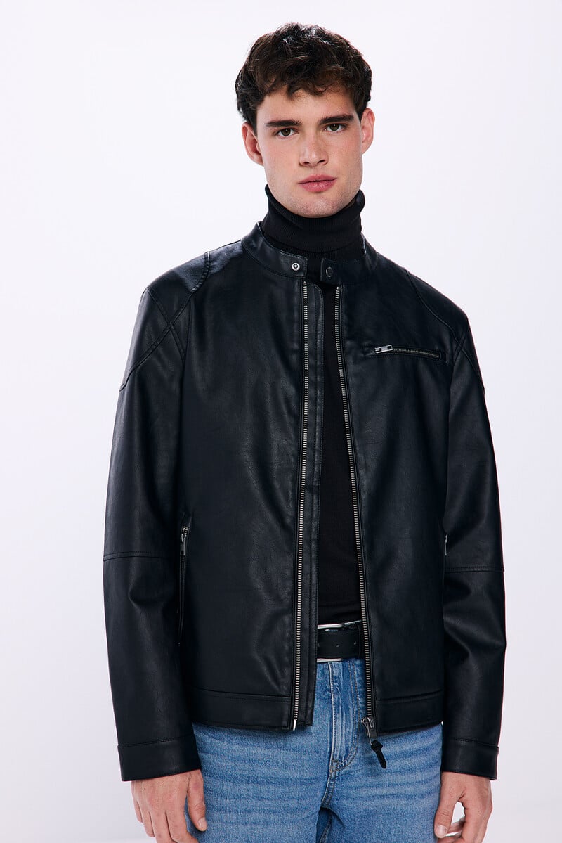 Men'S Black Jackets, Faux Leather Biker Jacket | Springfield ...