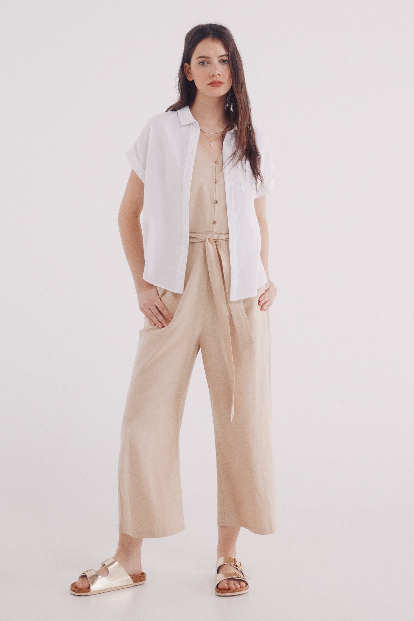 White Blouses|short sleeve turn-up linen linen shirt|Springfield ...