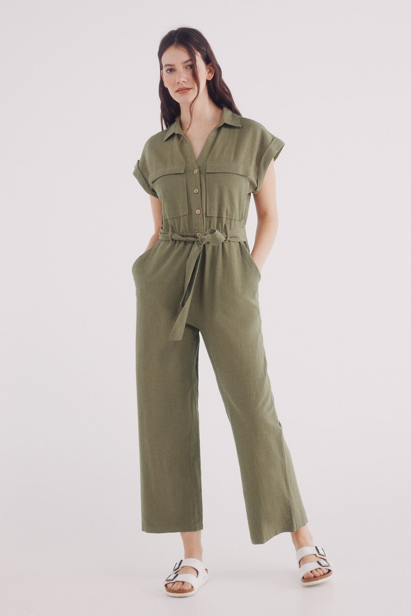 Dark Khaki Jumpsuits|linen linen shirt jumpsuit|Springfield ...
