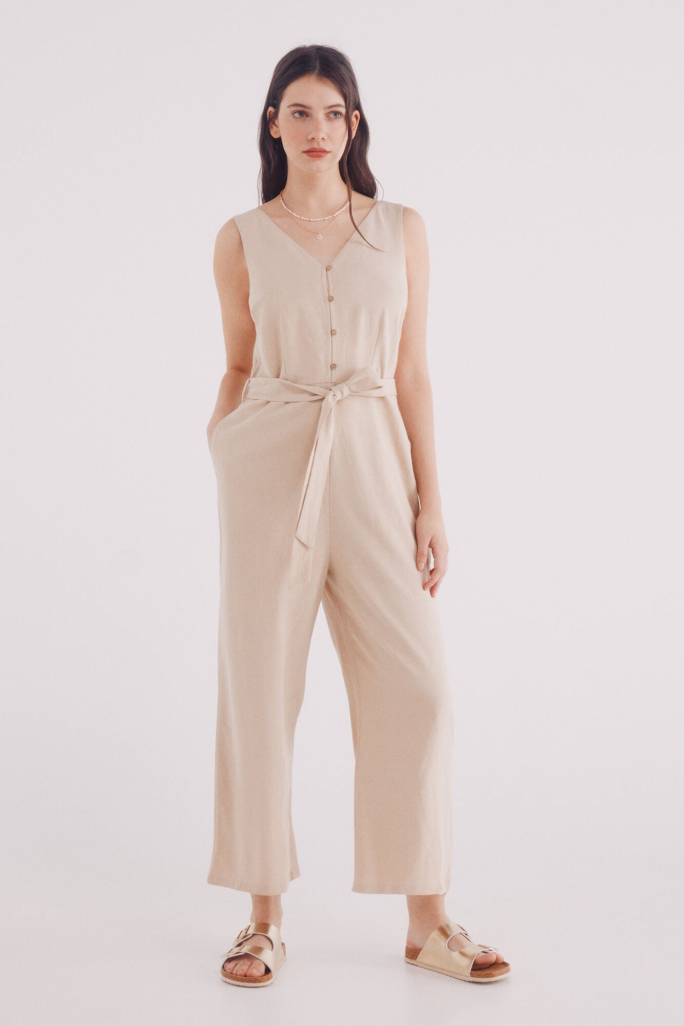 Tan Print Jumpsuits|Cotton linen straps jumpsuit|Springfield ...