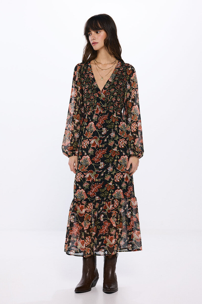 Women'S Black Skirts, Mixed Floral Print Midi Dress | Springfield ...