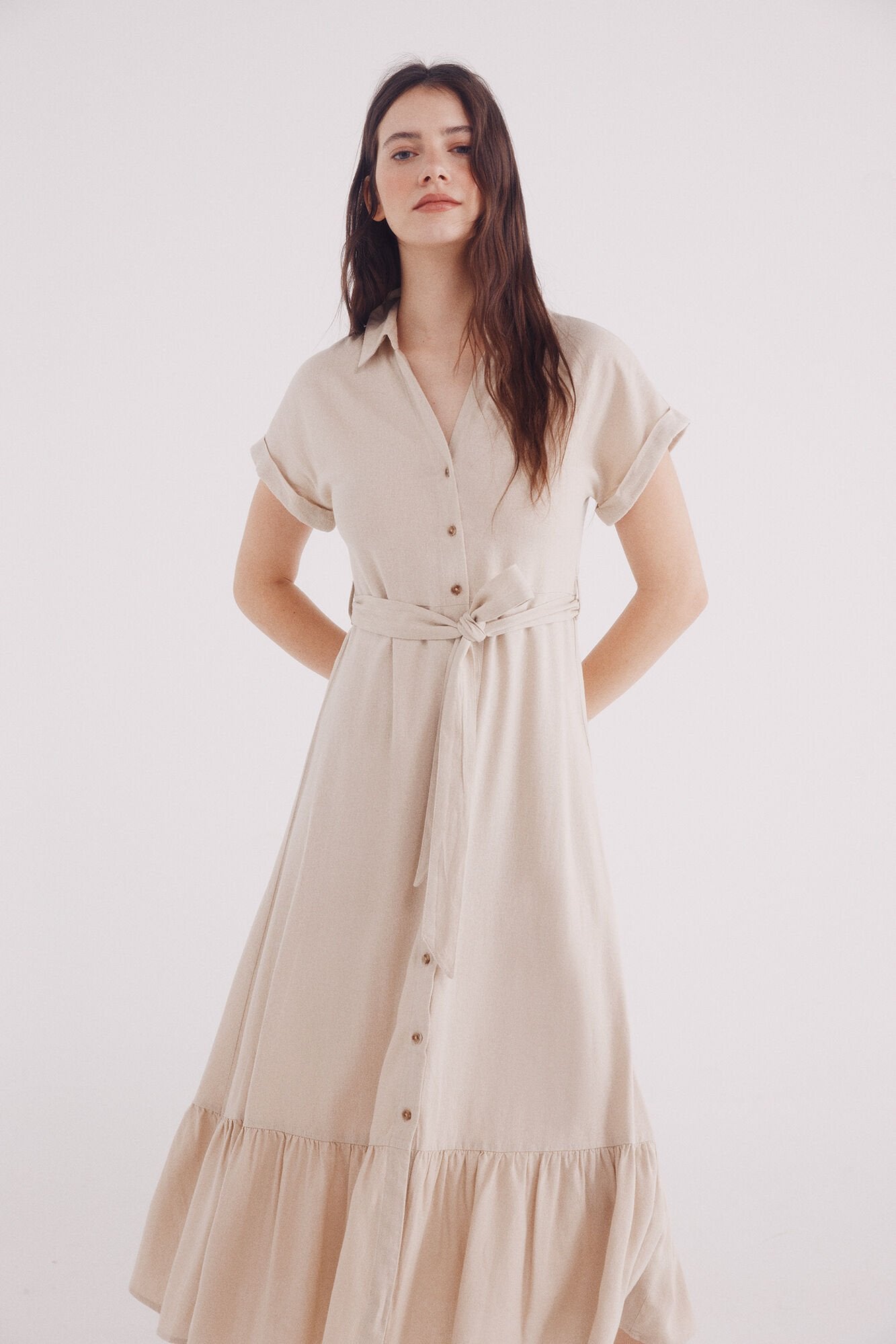 Tan Print Dresses|Linen linen midi shirt dress|Springfield ...